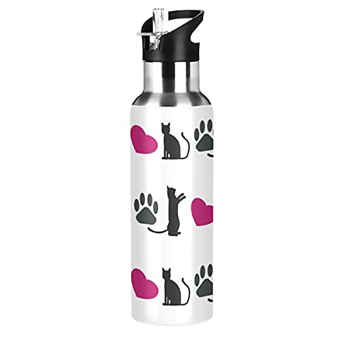 Yasala Water Bottle Black Cat Pink Heart Cute Coffee Thermos Stainless Steel Insulated Beverage Container 20 oz with Straw Lid BPA-Free for Sport, Travel, Camping, Back to School
