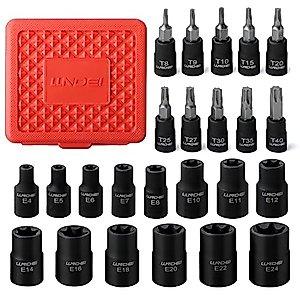 Torx Bit Socket and Female External Socket Set 24PCS, LLNDEI 10 Star Socket Bits (T8-T40)& 14 Female E-Torx Sockets (E4-E24) 1/4" 3/8" 1/2", CR-V, Star Drive Socket Kit with Mini Storage Box