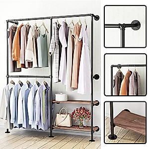 IronJiaZu Industrial Pipe Clothes Racks with Black Shelves, Industrial Pipe Black Clothing Rack with Double Hanging Rods, Heavy Duty Wall Mounted Clothing Rack Rod for Closet Storage, Bedroom