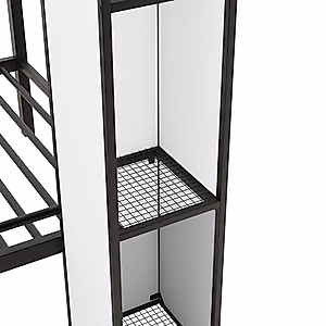 BOVZA Castle Shaped Bunk Bed with Wardrobe and Multiple Storage, Twin Over Twin Metal Bunk Bed Frame with Storage Staircase and Guardrails for Kids Boys Girls Teens, Black+White