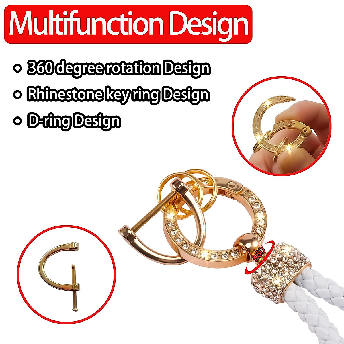 Worcas Car Keychain With Bling Rhinestones,eather Woven Keychain with anti loss telephone number plate,360 Degree Rotatable Universal Key Fob Keychain for all Cars(White-Gold)