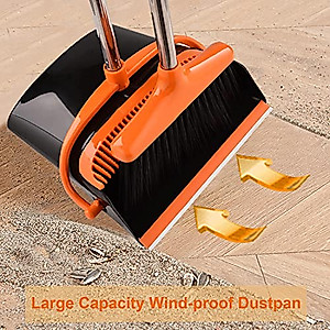 Broom and Dustpan Set-Self Cleaning with Dustpan Teeth Standing Dust Pan Self Cleaning with Dustpan Teeth Standing Dust Pan for Home Kitchen Easy Assembly, Orange