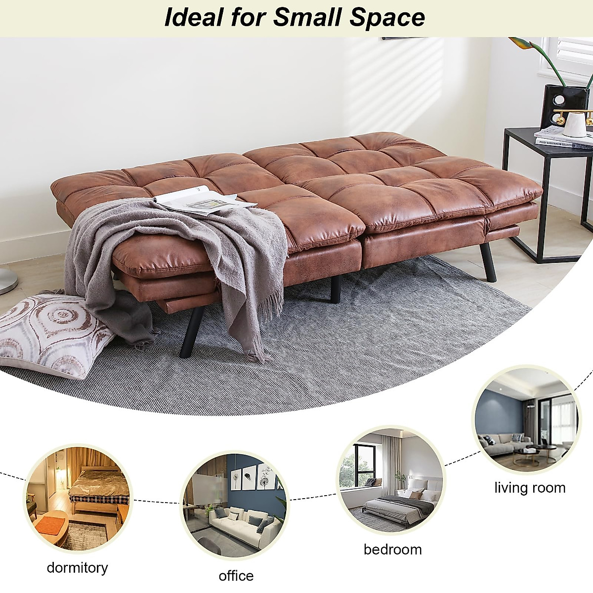 Maxspeed Sofa Bed, Convertible Memory Foam Sofa, Modern Loveseat Sleeper with Adjustable Armrests and Backrest, Faux Leather Futon for Living Room, Office, Small Space, Brown