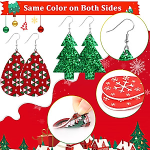 AUGSUN Christmas Earrings for Women, 9 Pairs Christmas Faux Leather Earrings Lightweight Leaf Long Dangle Earrings Teardrop Earrings for Christmas