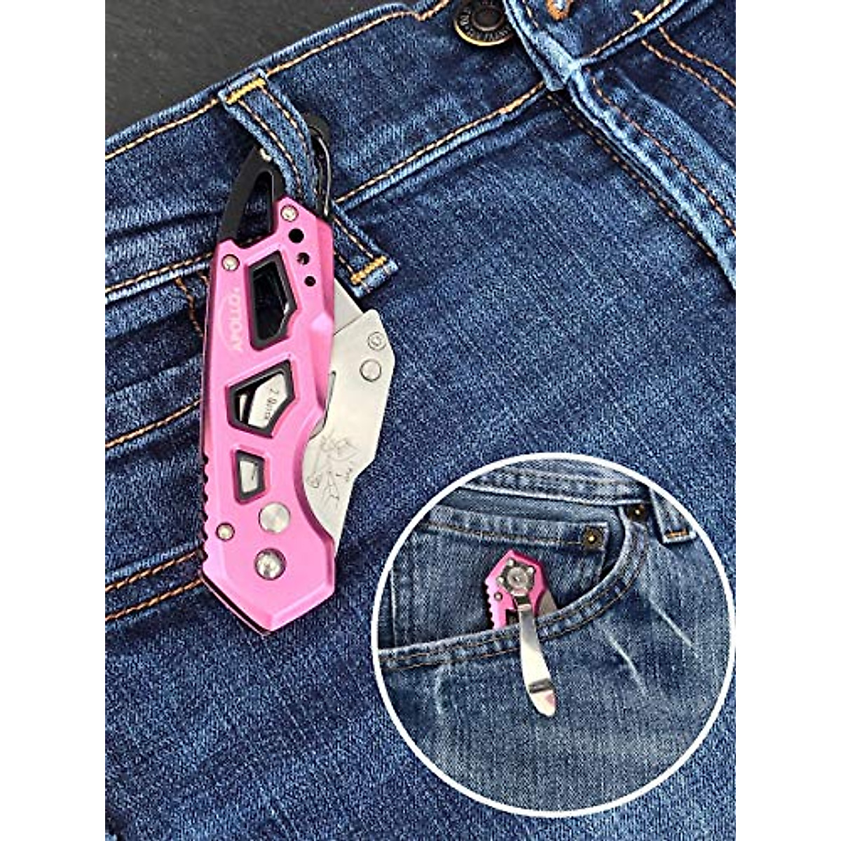 Apollo Tools Foldable Utility Knife with Lightweight Steel Construction, Carabiner Clip, Quick Blade Change Technology, Lock Feature. Accommodates Standard Blades - Pink Ribbon - Pink - DT5017P