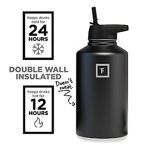 IRON °FLASK Camping & Hiking Hydration Flask, Wide Mouth, 3 Straw Lids, Stainless Steel Outdoor Water Bottle, Double Walled, Insulated Thermos, Metal Canteen - Midnight Black, 64 Oz