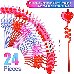 24 Pieces Valentine's Day Heart Shaped Straws Reusable Crazy Loop Straws Valentine Theme Party Plastic Drinking Straws for Valentine's Day Birthday Wedding Party Favors Decorations Supplies, 6 Styles