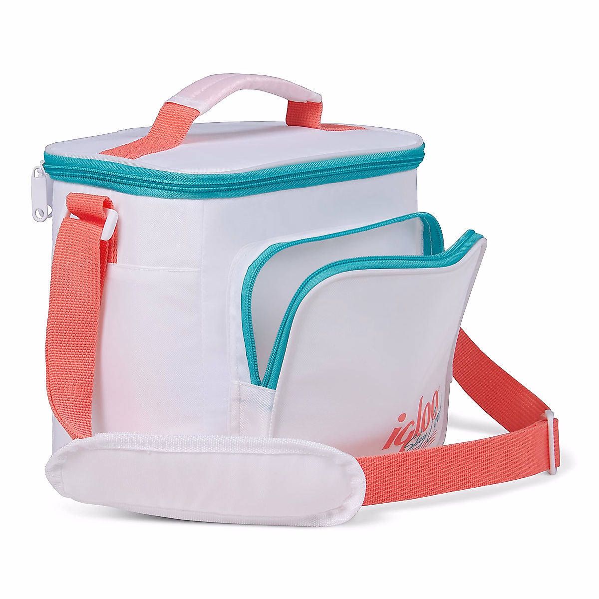 Igloo 90s Retro Collection Square Lunch Box Cooler with Front Pocket and Adjustable Strap, White