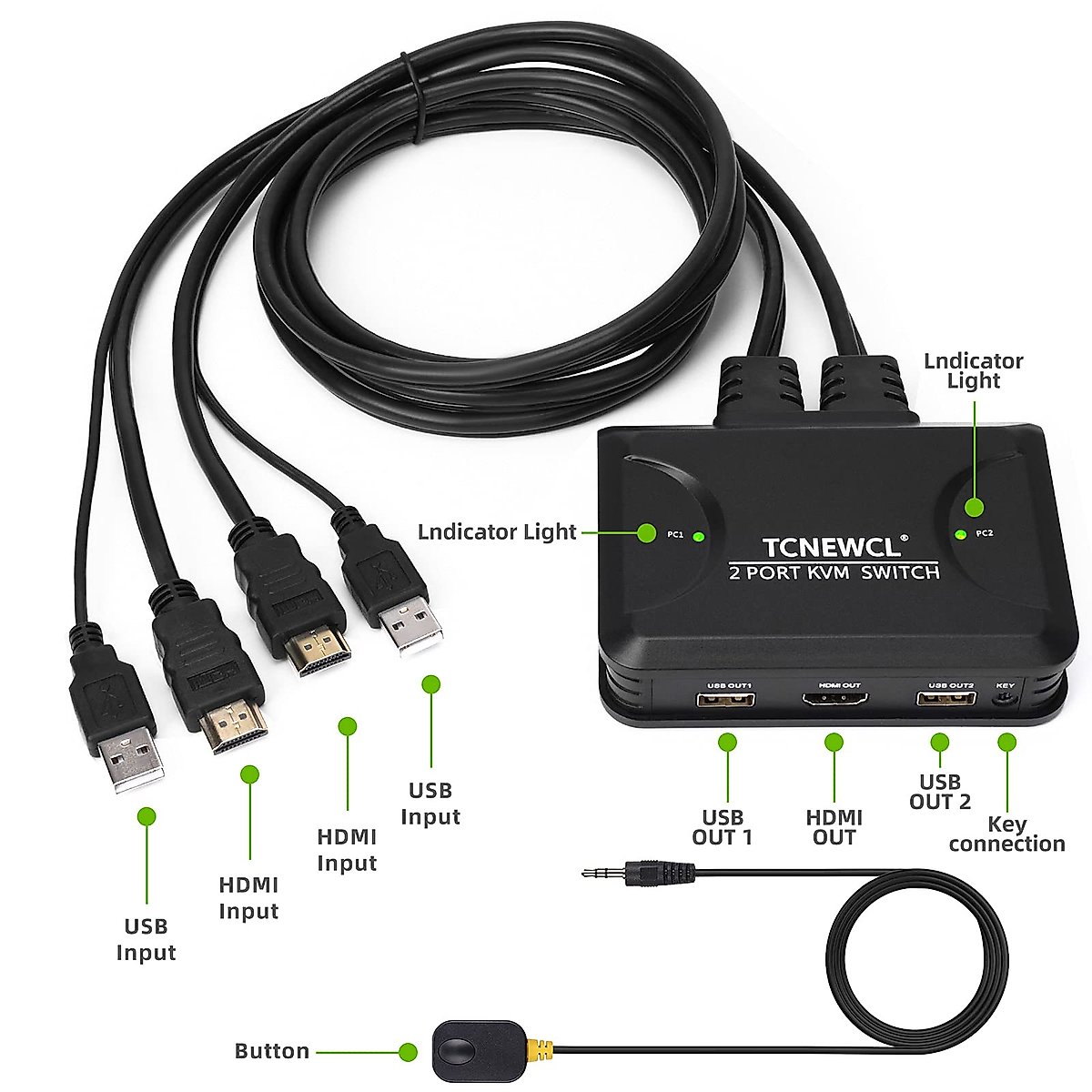 4K 2-Ports HDMI KVM Switch, for 2 Computers Share 1 HD Monitor and 2 USB Devices Keyboard Mouse, Supports 4K@30Hz, Included 2 HDMI Cables and Wire Desktop Controller