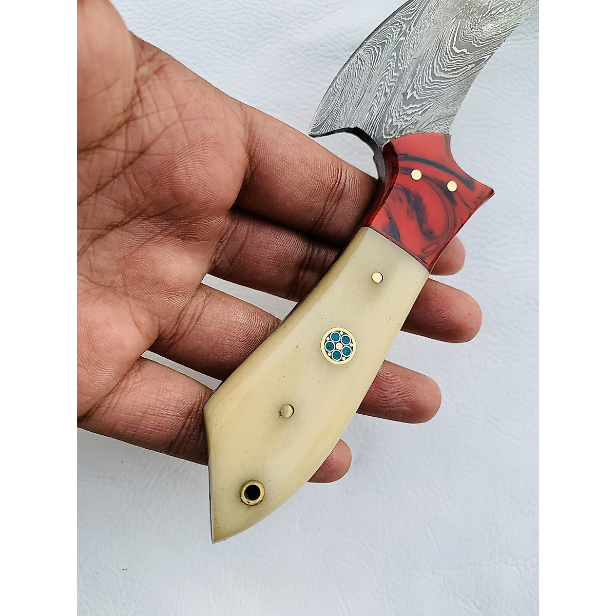 NUSHBA 017 Handmade Fixed Blade Hunting Skinner Knife, Damascus Steel Blade, Camal Bone Handle -Best Hunting Knife with Cow Brown Leather Sheath