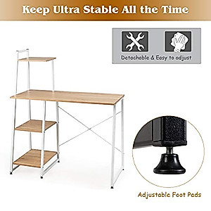 Tangkula Computer Desk with 4 Tier Shelves, Writing Desk Study Desk, Compact Computer Desk Workstation with X-Shaped Metal Frame & Adjustable Foot Pads, Home Office Desk (Natural)