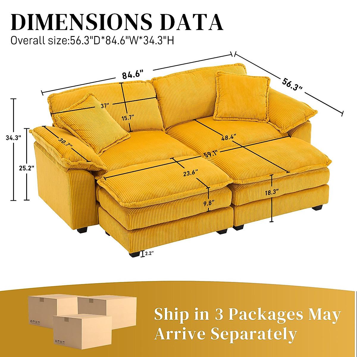 ONEMMLION 84.6" Modular Sectional Sofa Oversized Loveseat, Modern Upholstered Cloud Couch with 2 Ottoman, Comfy Corduroy Deep Seat Sleeper Sofa for Living Room, Small Space, Yellow