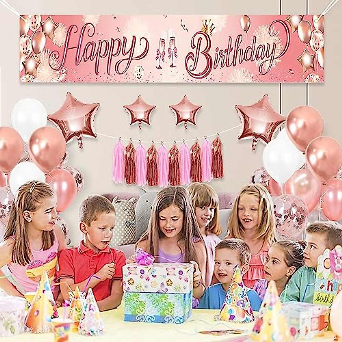 Rose Gold Birthday Party Decorations for Women, Happy Birthday Banner Backdrop, Rose Gold Stars Tassels Balloons Party Decorations Supplies for 16th 21st 30th 40th 50th Birthday Decorations Women Girl