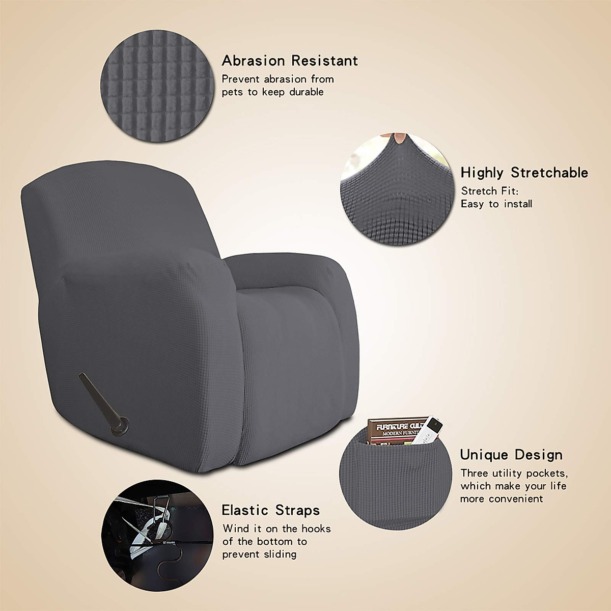 Easy-Going Recliner Stretch Sofa Slipcover Sofa Cover 1 Piece Furniture Protector Couch Soft with Elastic Bottom Kids,Polyester Spandex Jacquard Fabric Small Checks(Oversize Recliner,Gray)