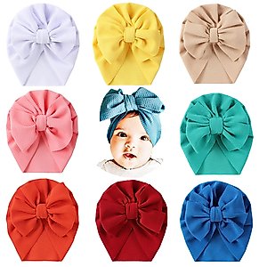 Cinaci 8 Pack Solid Big Knotted Hair Bow Large Bowknot Knot Beanie Turban Hats Caps Headwraps for Baby Girls Infants Toddlers Kids