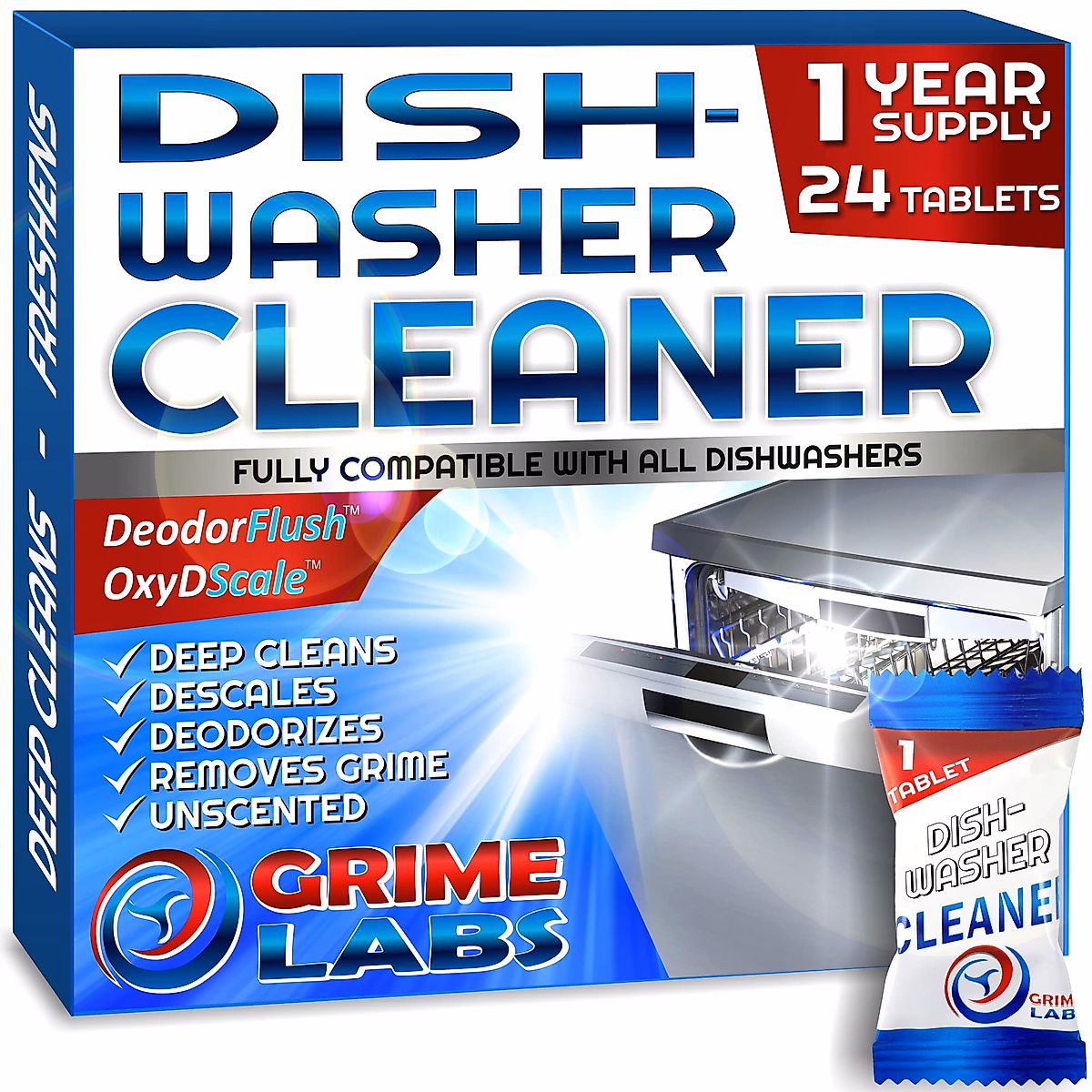 GRIME LABS Dishwasher Cleaner Deodorizer Descaler Tablets, 24 pack Heavy Duty Deep Clean and Natural Limescale Remover, Dish Washer Cleaner Machine Pods, 12 Months Supply