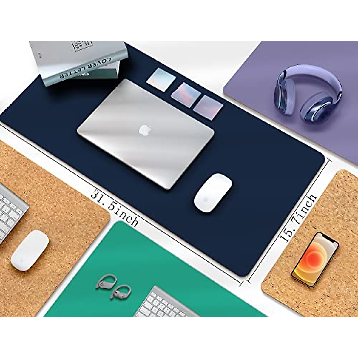 Aothia Office Desk Pad, Natural Cork & PU Leather Dual Side Large Mouse Pad, Laptop Desk Table Protector Writing Mat Easy Clean Waterproof for Office Work/Home/Decor (Dark Blue,31.5" x 15.7")