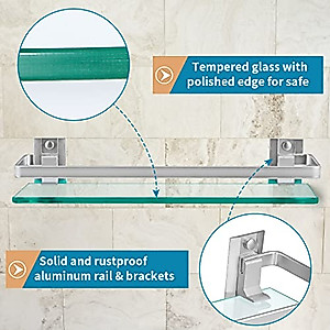 Sanbege 2-Pack Tempered Glass Bathroom Shelf with Rail, 15" x 4.5" Rectangular Shower Caddy, Wall Mounted Floating Shampoo Holder for Lavatory, Kitchen, Living Room