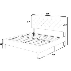 Catrimown Queen Size Upholstered Linen Platform Bed Frame with Button Tufted Headboard, Strong Wood Slat Support, Mattress Foundation, No Box Spring Needed, Easy Assembly, Beige