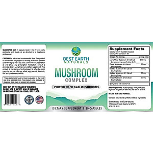 Best Earth Naturals Mushroom Complex - Vegan Formula with Lion’s Mane, Reishi, Chaga, Maitake, and Shiitake Mushrooms - 30 Day Supply