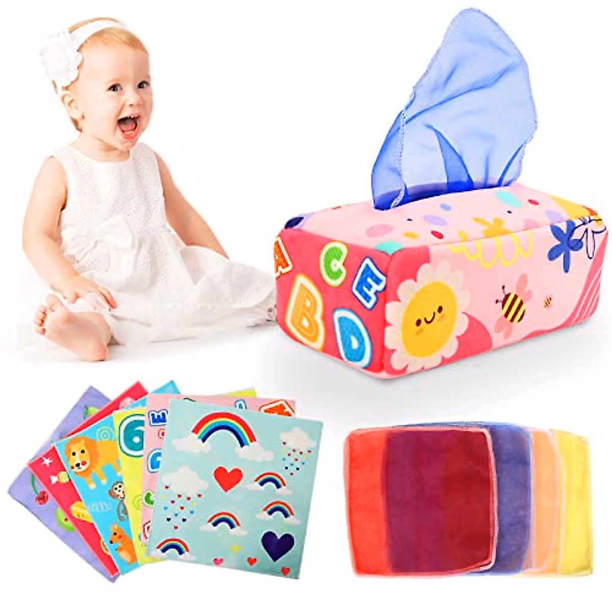 YOGINGO Baby Toys 6 to 12 Months - Baby Tissue Box Toy - Montessori Toys for 1 Year Old, Soft Stuffed High Contrast Crinkle Infant Sensory Toys, Boys&Girls Toddler Early Learning Toys Baby Gifts