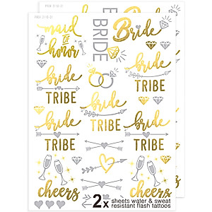 Bachelorette Party Tattoos - 120+ Metallic Gold & Silver Sweat & Water Resistant Tats - Bachelorette Party Decorations For Bridesmaids, Maid Of Honor & Bride Tribe by Merry Expressions