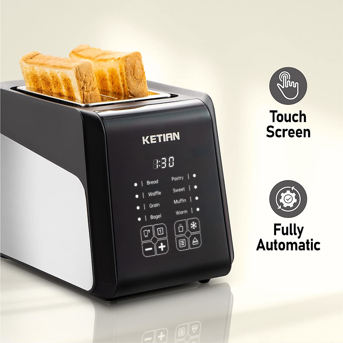 Touch Screen Toaster 2 Slice, KETIAN Bagel English Muffins Toast Pastry Waffles Grain Sweet Bread Toaster, Extra Wide Slots Single Slot Toasting Automatic Lifting, 1400w