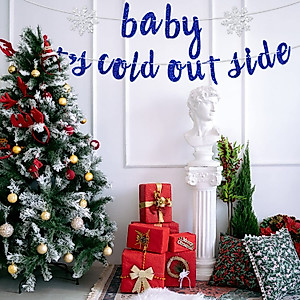 Blue Glitter Baby It's Cold Outside Banner - Snowflake Sign for Winter Wonderland Birthday / Baby Shower / Christmas Party Decorations Supplies