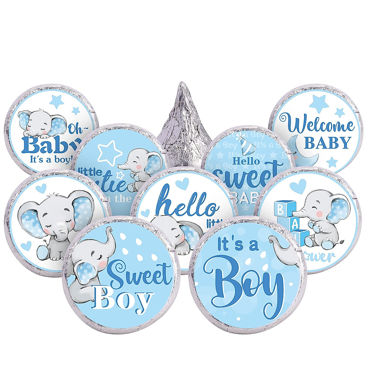 504 Pieces Baby Elephant Stickers Elephant Candy Stickers Labels Elephant Kisses Sticker Chocolate Mini Decorations for Sweet Girl Boy Baby Shower Birthday Party Supplies (Blue)