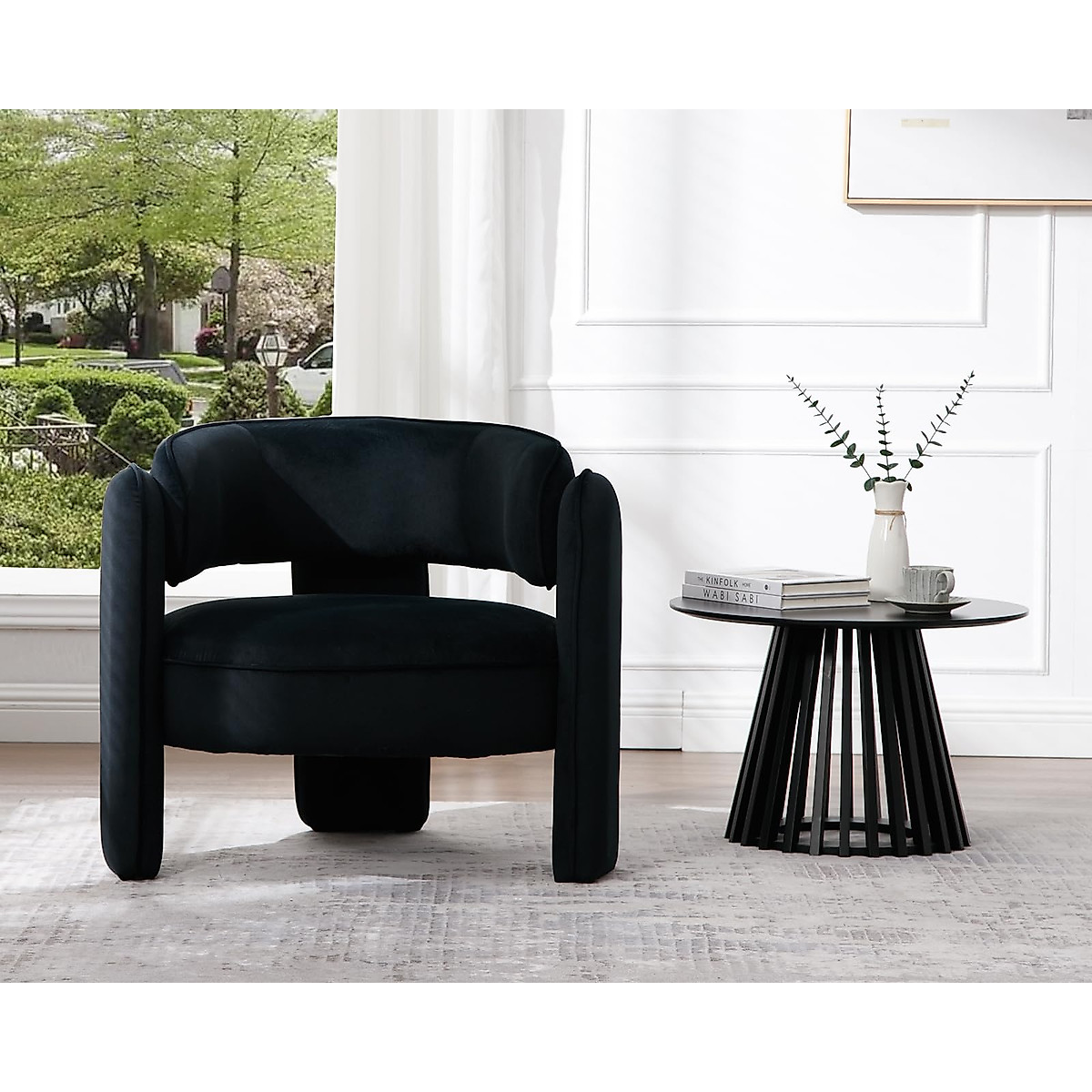 HNY Mid Century Modern Velvet Barrel Accent Chairs Set of 2 Clearance, Comfy Round Upholstered Armchairs with Open Back, Side Club Lounge Arm Chairs for Living Room, Bedroom, Small Spaces, Black