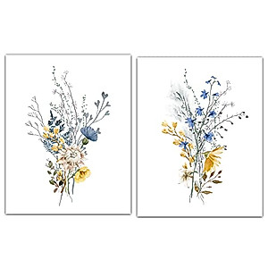 Flower Botanical Wall Art, Vintage Floral Nature Decor, Wildflower Branch Leaf Watercolor in Blue Yellow Neutral, Rustic Cottage Country Farmhouse Artwork Print for Bedroom, Unframed 11X14 set of 2.