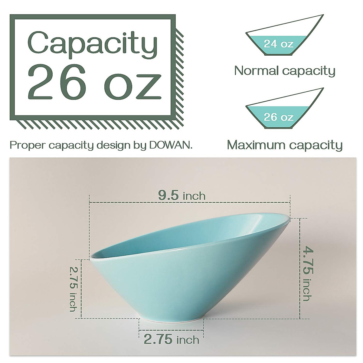 DOWAN Salad Bowls, 2 Packs Serving Bowls Porcelain, 26 Ounce Pasta Bowls, Dishwasher & Microwave Safe, Unique Angled Ceramic Bowls for Salad, Pasta, Soup, Rice, Ideal for Home and Restaurant