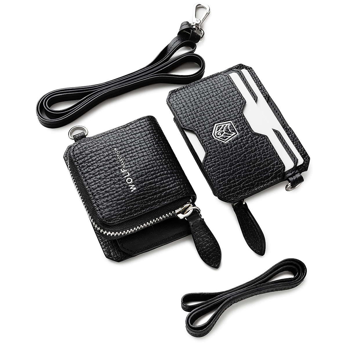 WOLFselection Mini Airpods Pouch - Genuine Leather Credit Card Holder with Zipper Case for AirPods Galaxy Buds Earphones - Mens Womens Wallets with Leather Lanyards for Neck and Wrist