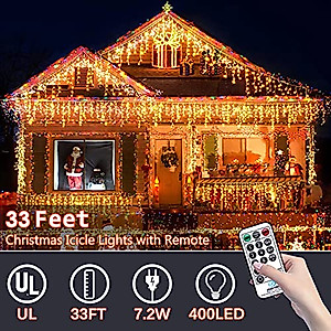 Christmas Icicle Lights Outdoor 33FT 400LED Outdoor Waterproof Holiday Decorations Lights with Remote Control, 8 Modes, Outside Christmas Lights for House, Porch, Eave, Garden Wall Decor (Warm White)