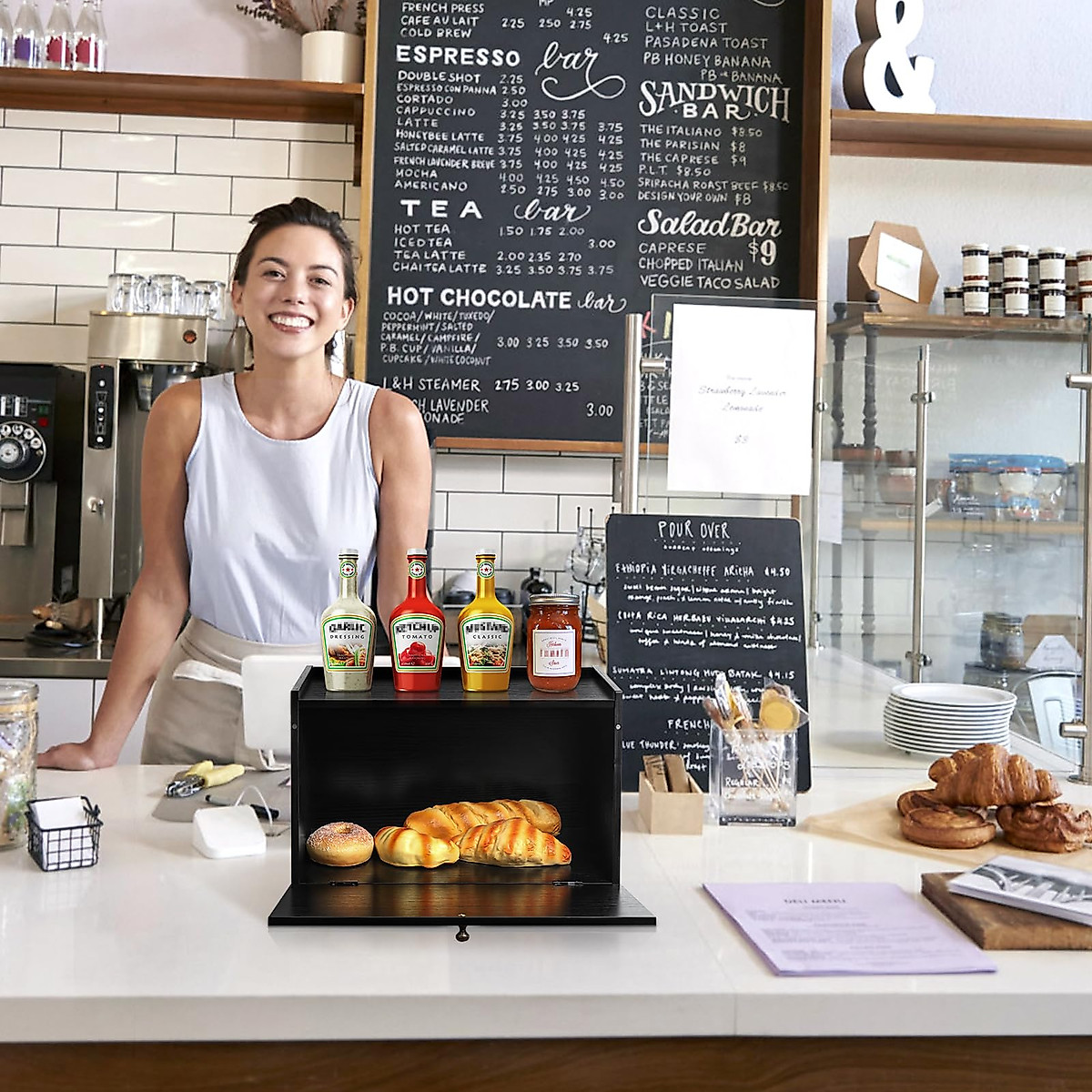 DECOCIAGA Bread Box for Kitchen Countertop, Large Capacity Bread Storage Container for Homemade Bread, Wooden Bread Holder Bread Bin for Kitchen Counter Corner, Cabinet, Pantry, Cupboard (Black)