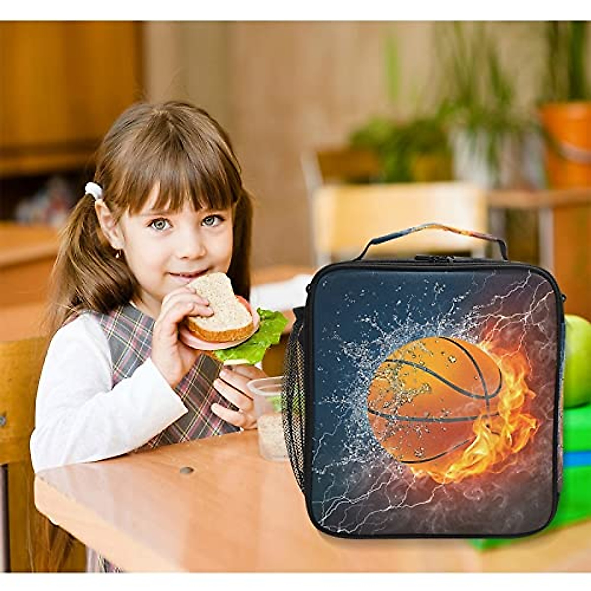 ZOEO Lunch Bag Burning Basketball Insulated Lunch Box for Kids Cooler Tote Large Lunchbox Adjustable Shoulder Strap for Men Women Girl Boy School Office Work Picnic…