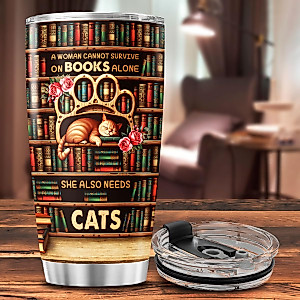 HUBUPU Cat Lovers For Tumblers, Tumbler 20 Oz With Lid And Straw, Book Gifts, Girl Loved Books And Cats