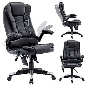 Ergonomic Executive Office Chair, Massage Office Chair with Heated, High Back Leather Desk Chair with Lumbar Support and Flip-up Armrest, Comfortable Home Office Desk Chairs