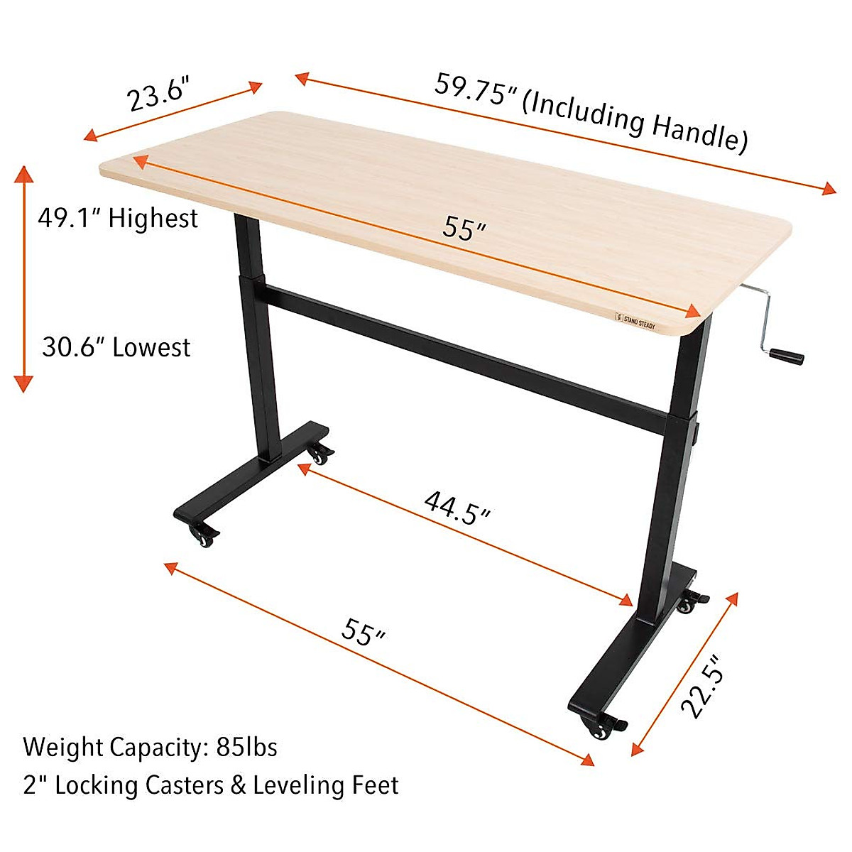 Stand Steady Tranzendesk | 55 Inch Standing Desk with Detachable Wheels | Crank Height Adjustable Sit to Stand Workstation | Modern Ergonomic Desk Supports 3 Monitors  (Maple)