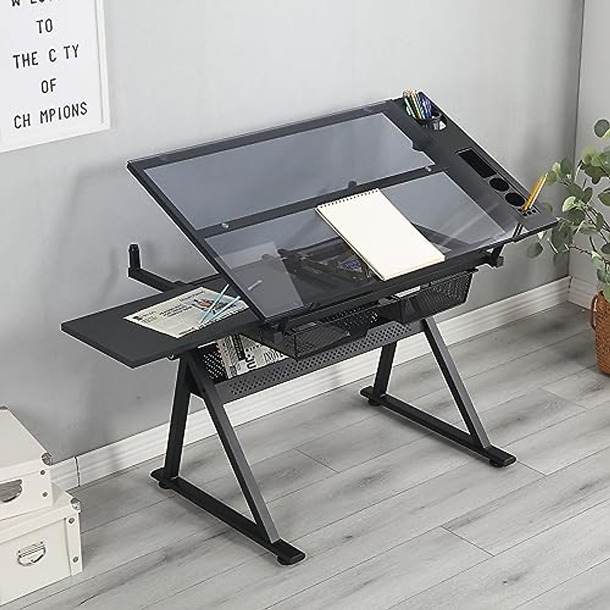 Kindmin Height Adjustable Drafting Table Drawing Table Artist Desk Tilting Tabletop Art Craft Desk Watercolor Paintings Sketching Work Station w/2 Storage Drawers and Stool for Home Office