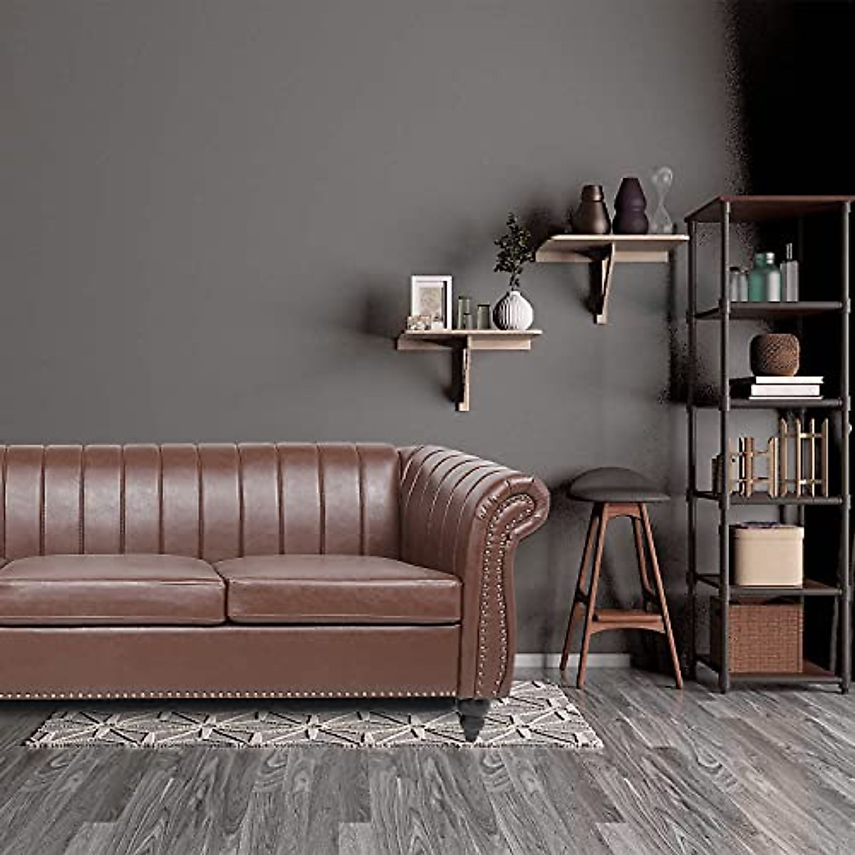 EMKK 84inch 3 Seater Sofa Modern Upholstered Couch Faux Leather Sofá for Living Room, Rolled Arm Chesterfield Small Spaces,Bedroom,Apartment,Dorm,Office, Dark Brown 84''