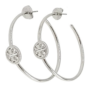 Tory Burch 137720 Rope Logo Silver Tone Women's Hoops Earrings