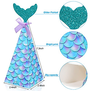 50 Pcs Mermaid Party Boxes Favors Cone Mermaid Gift Boxes with Glitter Tail and Purple Bow Mermaid Party Favors Paper Mermaid Candy Box for Girl Under the Sea Baby Shower Decorations Birthday Supplies