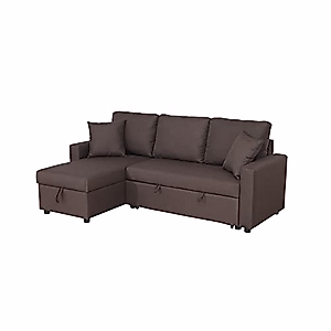 BOWERY HILL Sleeper Sectional Sofa Couch with Storage and Throw Pillows, Small Pull Out Sofa Bed for Living Room, L Shape Reversible Convertible Sofa Set for Apartment in Dark Brown