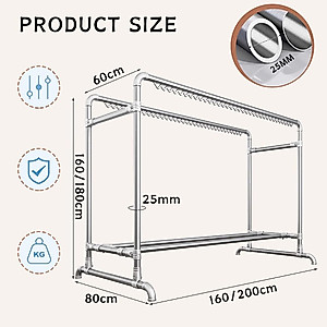 WPPTNSFY Clothing Hanger for Laundry, Clothes Drying Rack 160/200cm Indoor Outdoor, Heavy Duty Adjustable Clothes Airers, Clothes Drying Rack with 2 Rods, Windproof Hooks (1.6m)