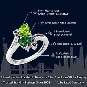 Gem Stone King 925 Sterling Silver Green Peridot Green Nano Emerald and Black Diamond Ring For Women (1.54 Cttw, Heart Shape 6MM, Gemstone August Birthstone, Available In Size 5, 6, 7, 8, 9)