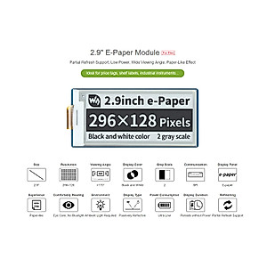 waveshare 2.9inch E-Ink Display HAT 296×128 Pixels Black White Two Color E-Paper Module epaper Screen for Raspberry Pi Pico Microcontroller Board,SPI Interface,Support Partial Refresh
