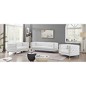 Meridian Furniture 651White-S Michelle Collection Modern | Contemporary Sofa with Deep Button Tufting, Nailhead Trim and Sturdy Gold Iron Legs, 90" W x 34" D x 30" H, White