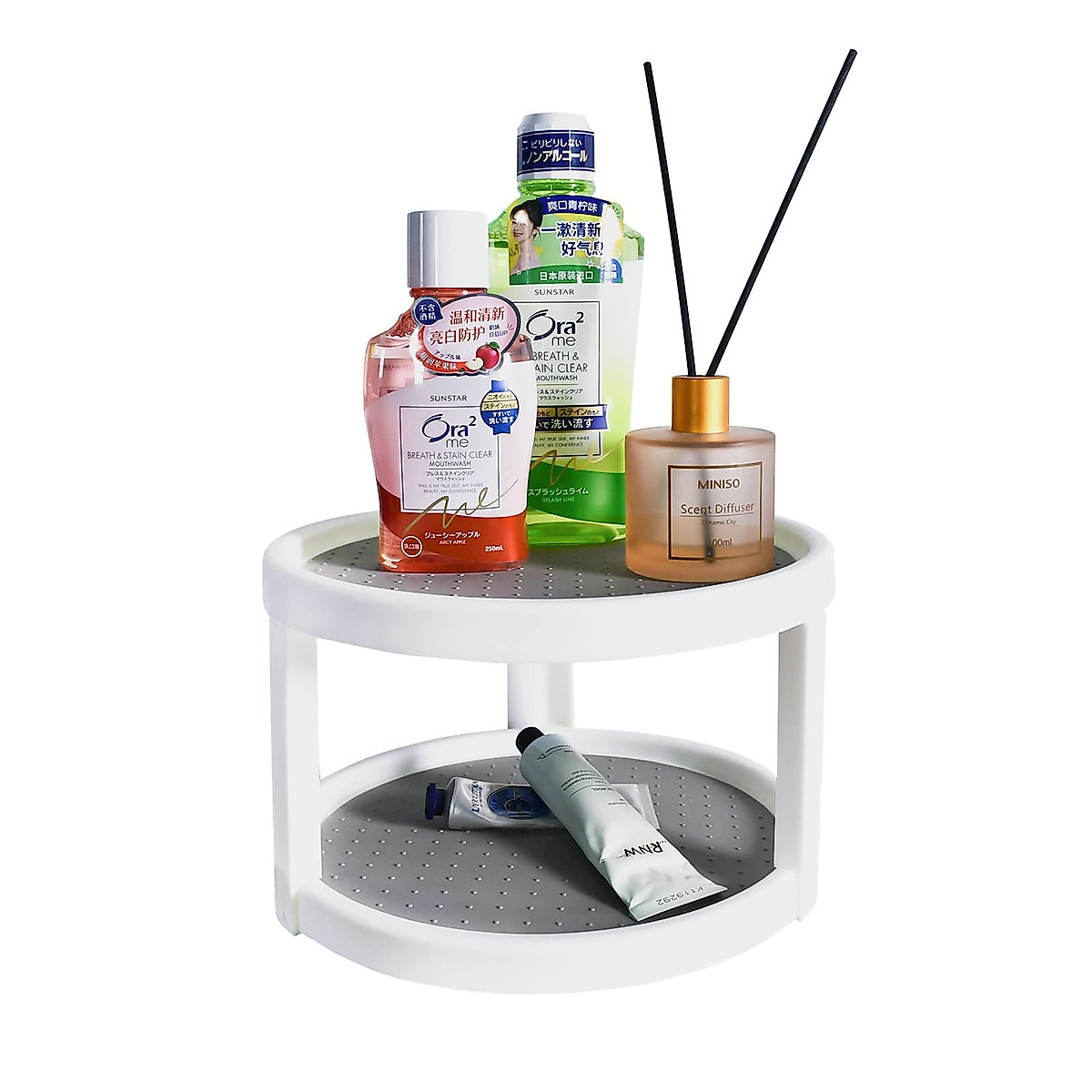 2 Tier Turntable Cabinet Organizer, Non Skid Rotating Spice Rack 360 Degree, Spice Rack Organizer 10-Inch Turntable Organizer for Pantry Cabinet, Kitchen, Countertop, Vanity Display Stand, White/Gray