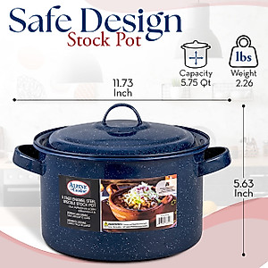 Alpine Cuisine Enamel Steel Dark Blue Speckle Stock Pot 5.75qt with Lid, Healthy Cookware Commercial Grade Stockpots, Multi Cooking Pot for Stew, Sauce & Reheat Food, Compatible for Family Meals